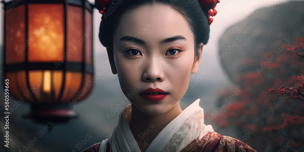 closeup of a young Chinese woman dressed as a geisha celebrating the ...