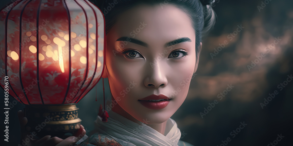 closeup of a young Chinese woman dressed as a geisha celebrating the ...