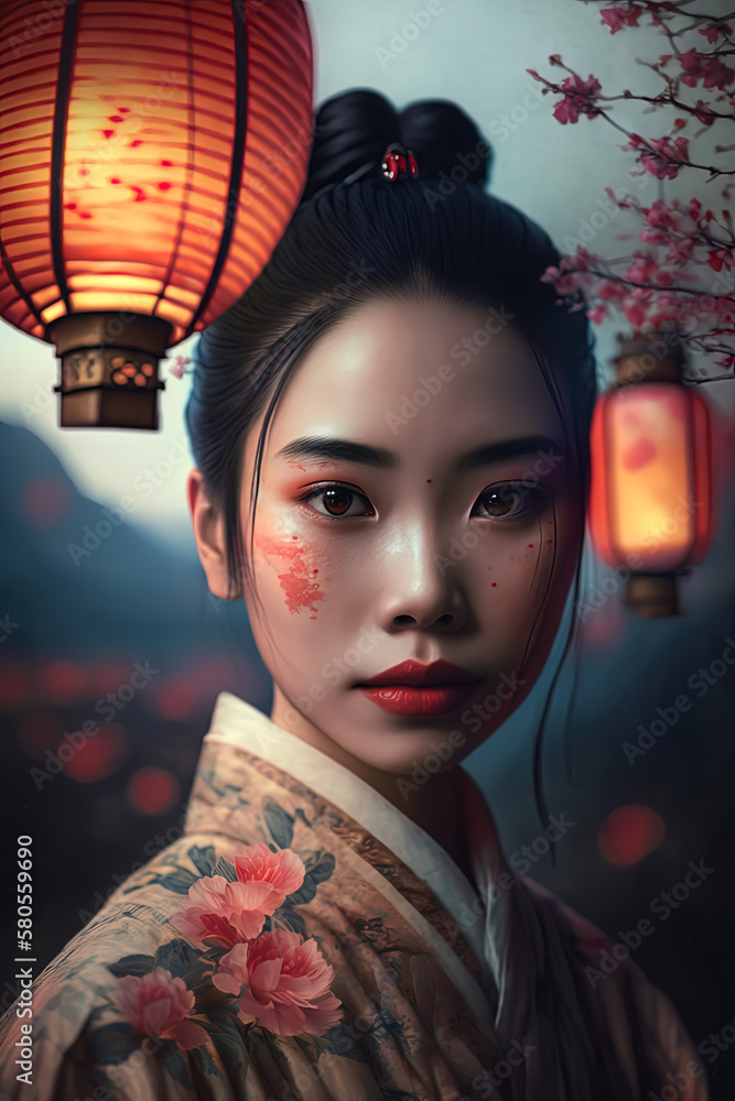 closeup of a young Chinese woman dressed as a geisha celebrating the ...