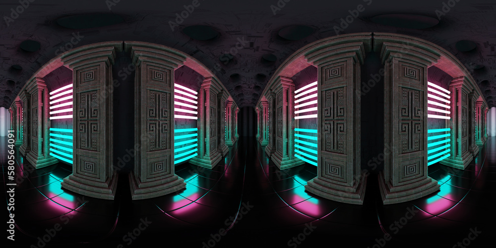 HDRI map, spherical environment panorama background, cyberpunk temple ...