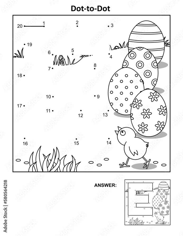 Letter E dot-to-dot activity and coloring page with Easter painted eggs ...