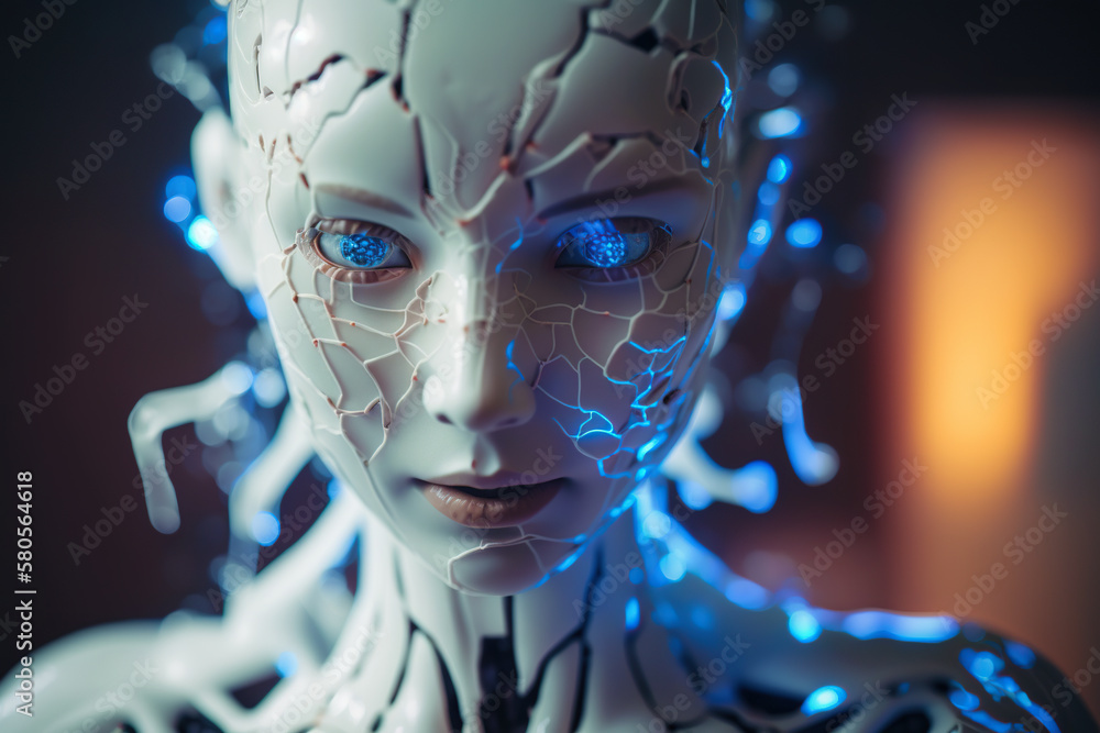Porcelain white humanoid cyborg with blue glowing eyes. Android. AI ...