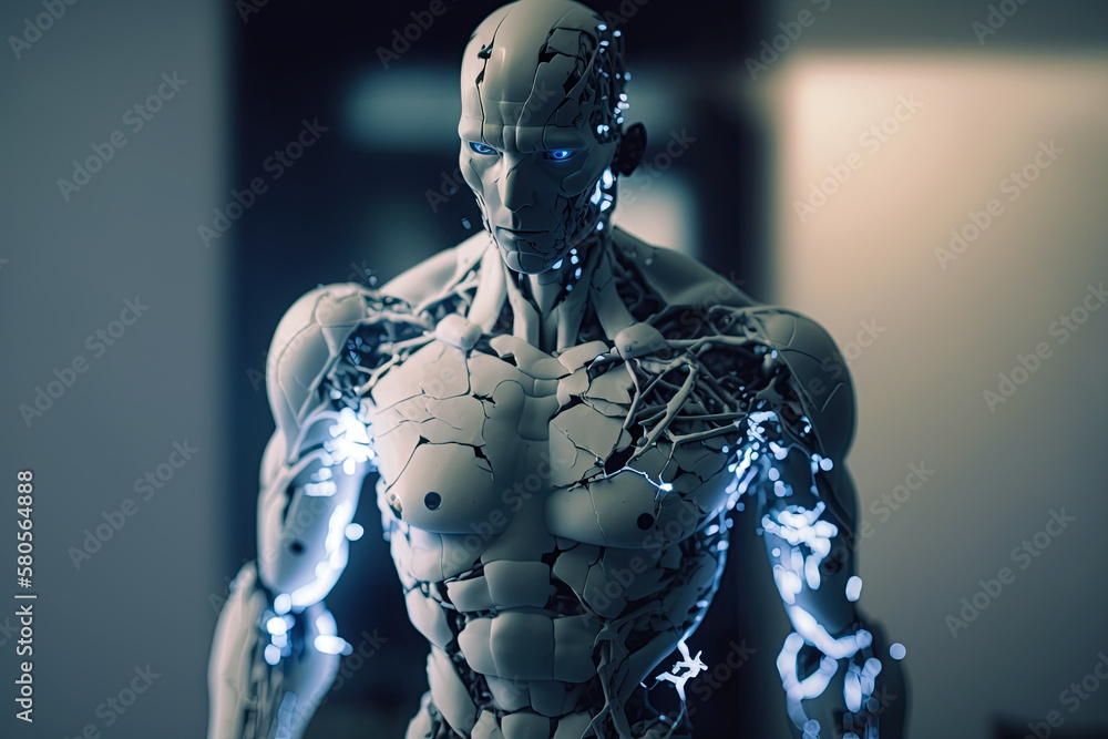 Porcelain white humanoid cyborg with blue glowing eyes. Android. AI ...