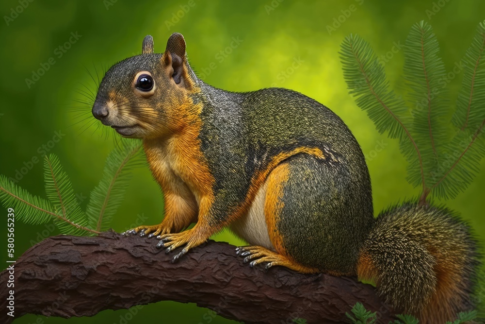A picture of a fox squirrel (Sciurus niger) sitting on a branch, set ...