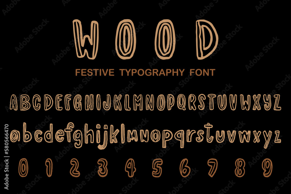 Wood festive typography font, Alphabet letters and numbers vector and ...