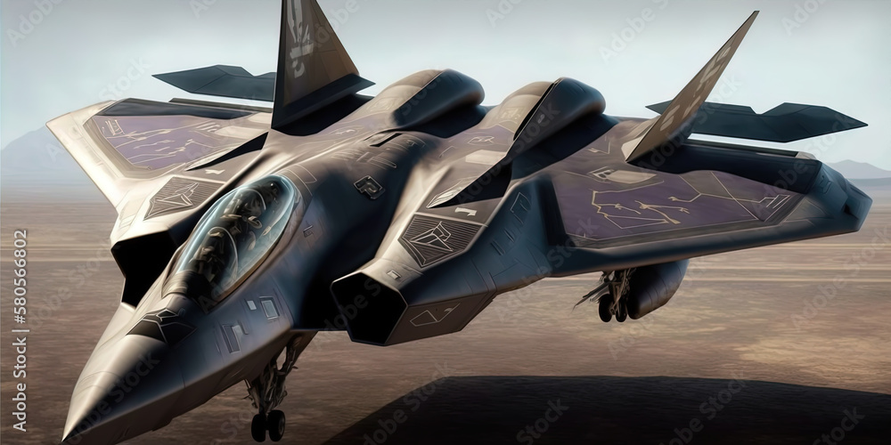 futuristic american jet stealth fighter flying in the sky, low profile ...