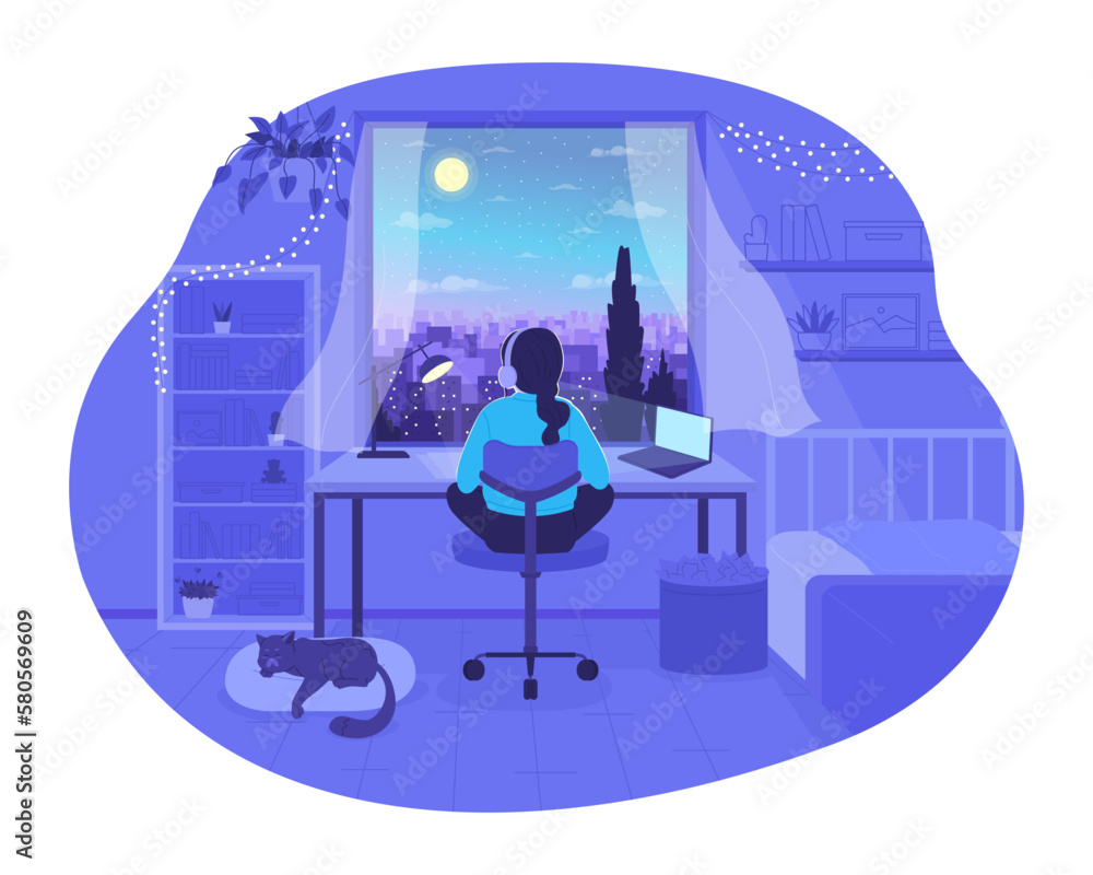 Lo-fi study flat concept vector illustration. Girl doing homework at ...