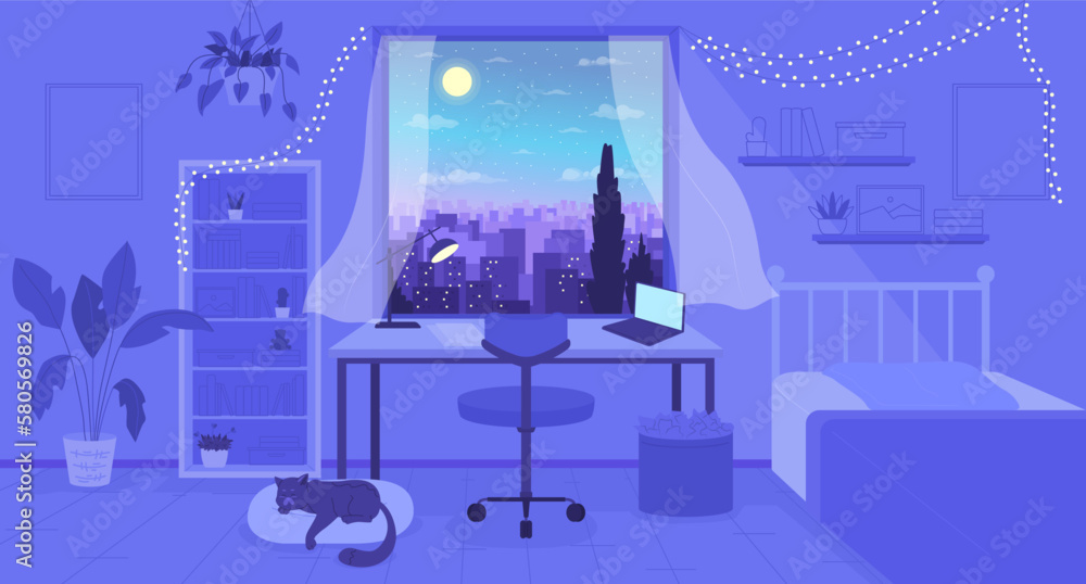 Cozy bedroom with night cityscape view in window flat color vector ...