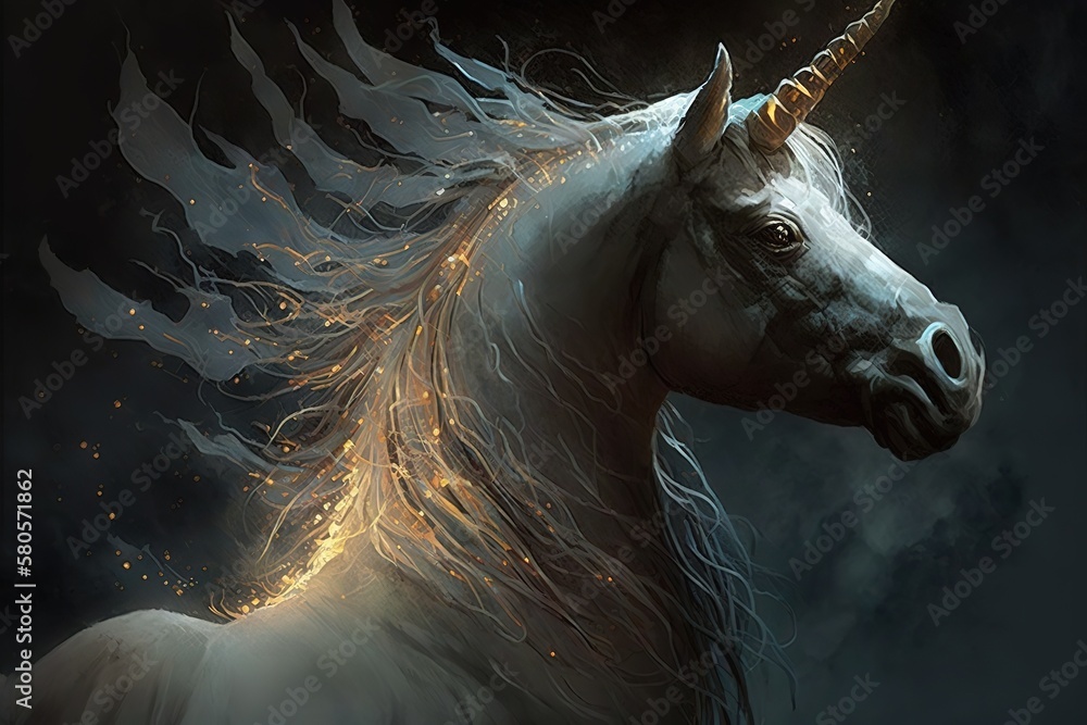 A fabulous unicorn in a misty forest with a fiery twinkle in a white ...