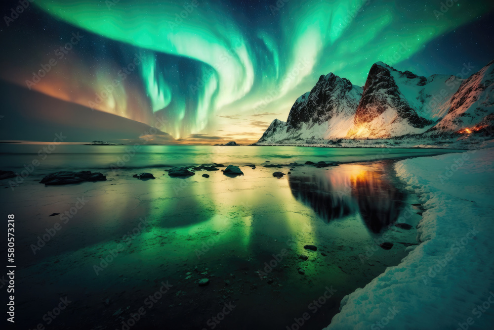 urora borealis. Lofoten islands, Norway. Aurora. Green northern lights ...
