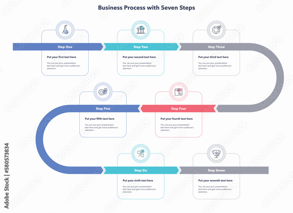 Business process template with seven steps. Creative diagram divided ...