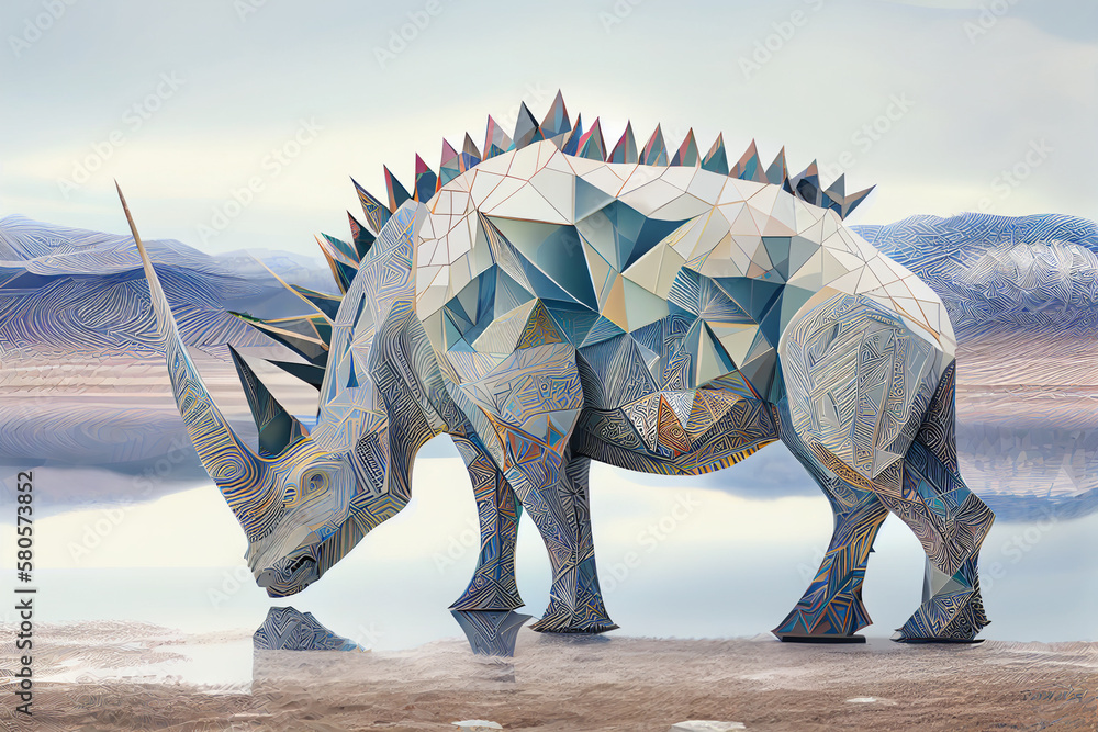 An image of a fierce Velociraptor rendered in bold, angular geometric ...