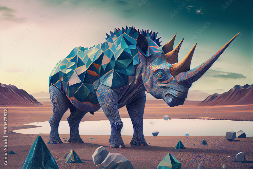 An image of a fierce Velociraptor rendered in bold, angular geometric ...