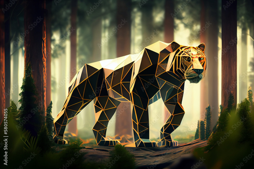 An image of a saber-toothed tiger rendered in a geometric style set ...