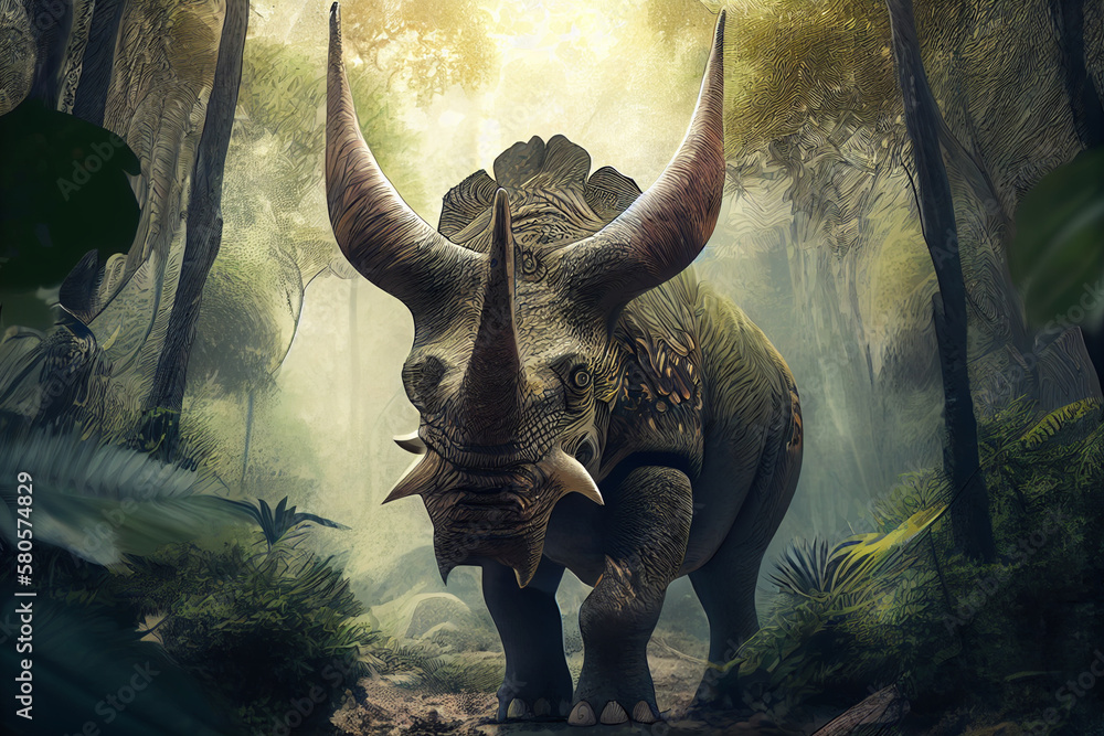 Triceratops, with its distinctive three horns and frill, standing in a ...