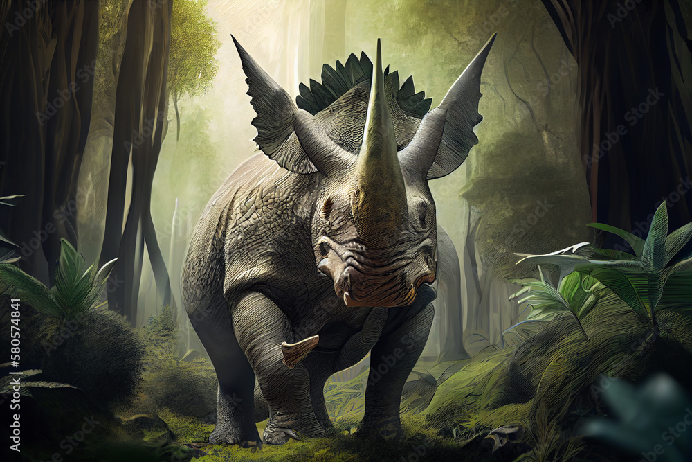 Triceratops, with its distinctive three horns and frill, standing in a ...