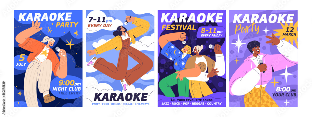 Karaoke, music party posters designs set. Vocal event, song festival ...