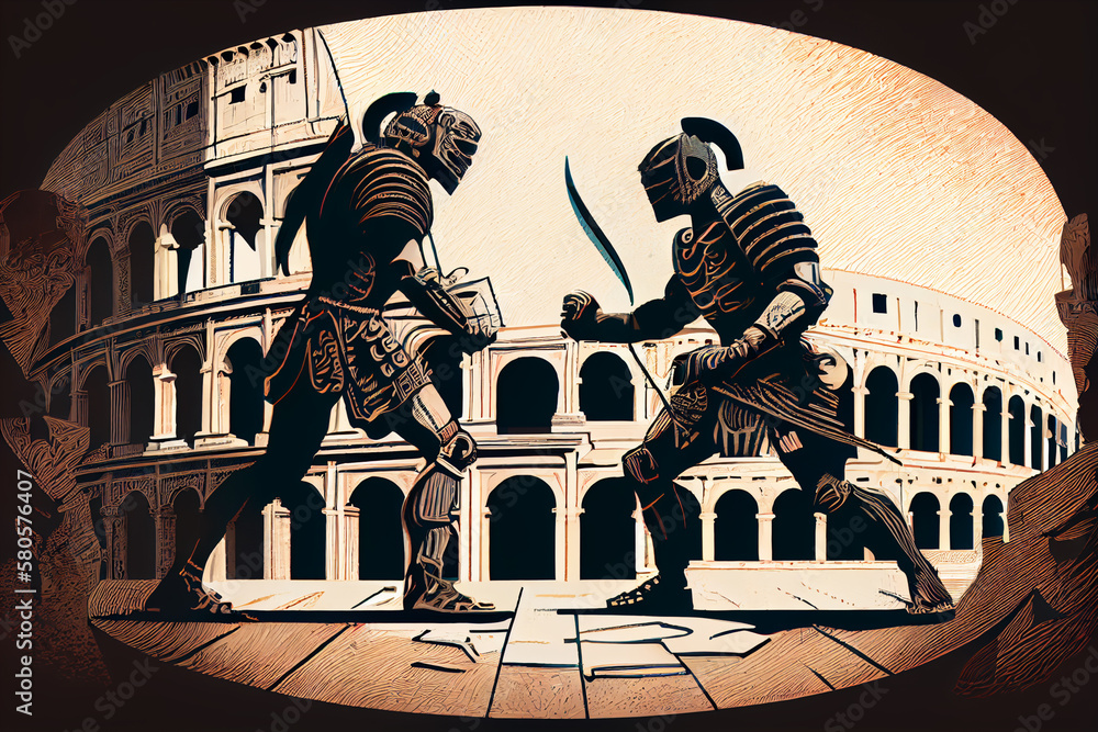 illustration of gladiators in ancient Rome, with a monochromatic color ...