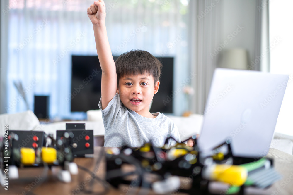 Portrait happy kid little asian boy son having fun hobby leisure ...