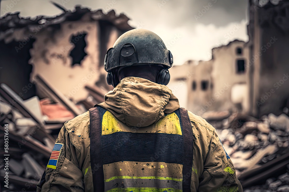 Rescue team man in uniform and helmet dismantle the debris of houses ...