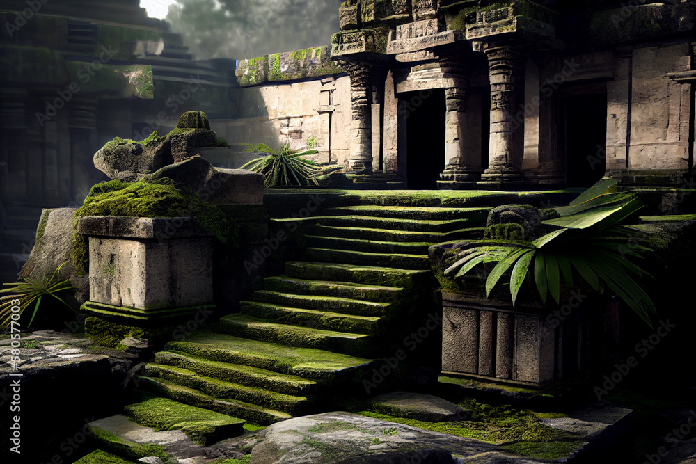 ancient Aztec temple ruins, with moss-covered stone steps and carvings ...