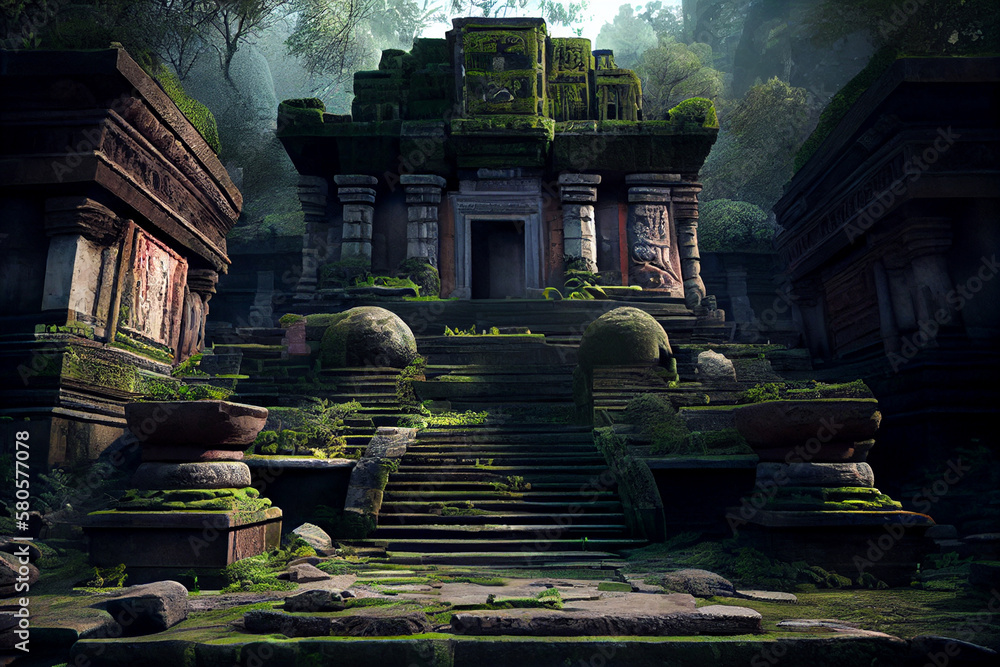ancient Aztec temple ruins, with moss-covered stone steps and carvings ...