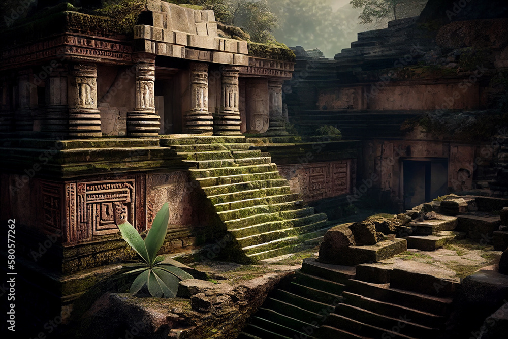 ancient Aztec temple ruins, with moss-covered stone steps and carvings ...