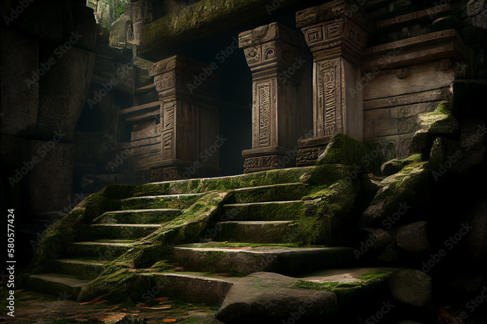 ancient Aztec temple ruins, with moss-covered stone steps and carvings ...