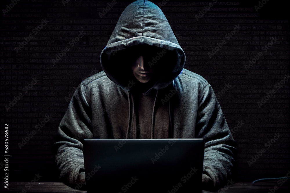 A person in a hoodie typing on a laptop while sitting in a darkened ...