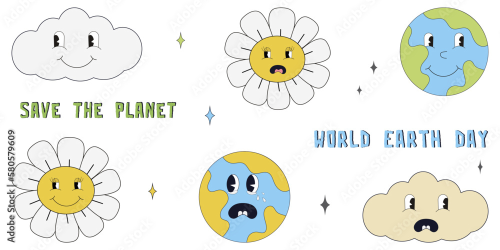 Retro groovy cartoon style earth planet.Earth Day. Save the Earth ...