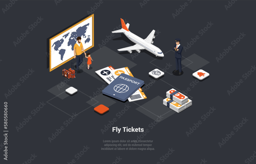 Fly Tickets Buy And Travelling by Plane Concept. Father And Daughter ...
