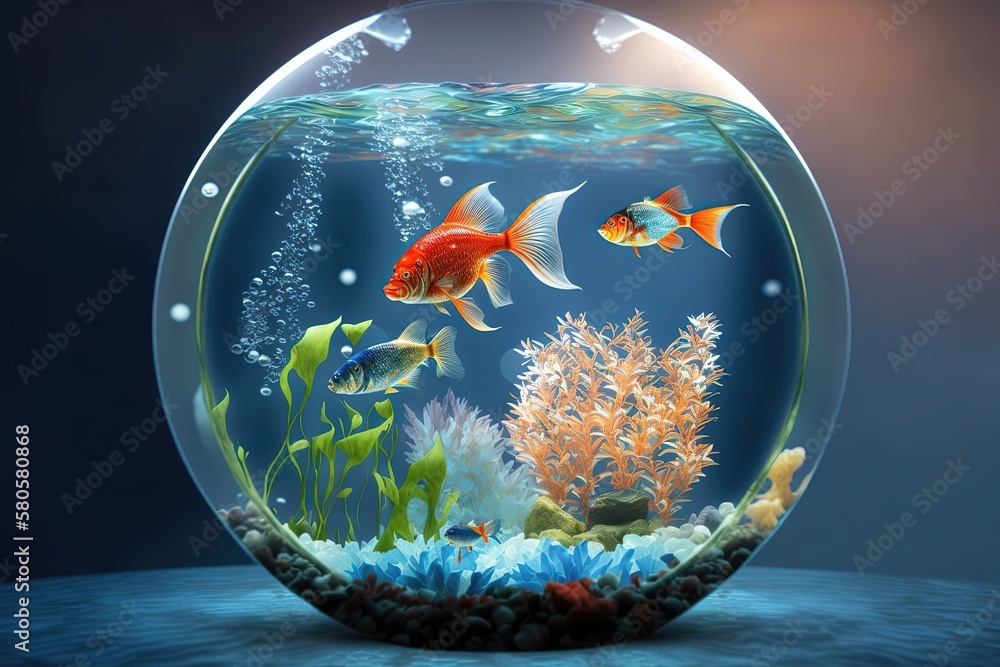 group of goldfish swimming in a clear aquarium filled with water and ...