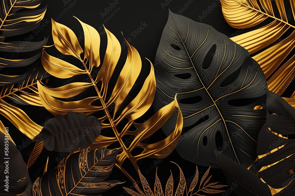Intricately detailed black and gold tropical leaves with a textured ...