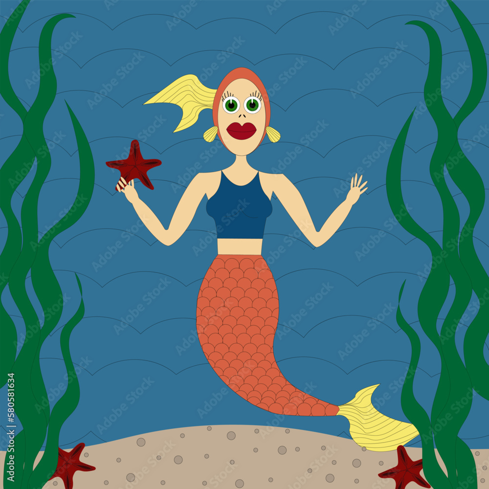 Mermaid with starfish in the hand on blue sea wave background with ...