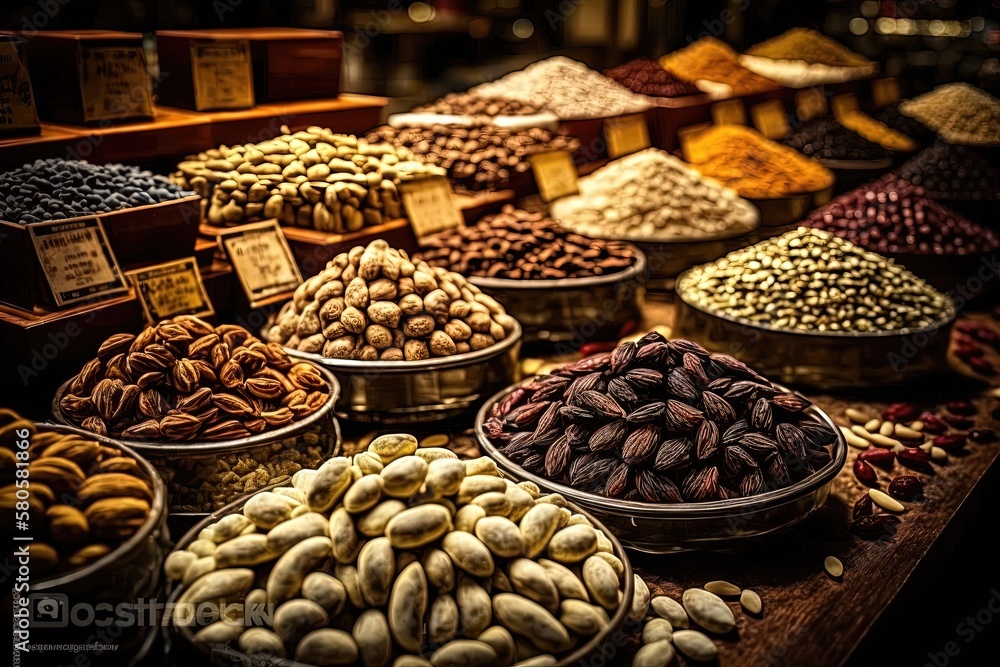 A bustling market scene, with vendors selling a variety of fresh and ...