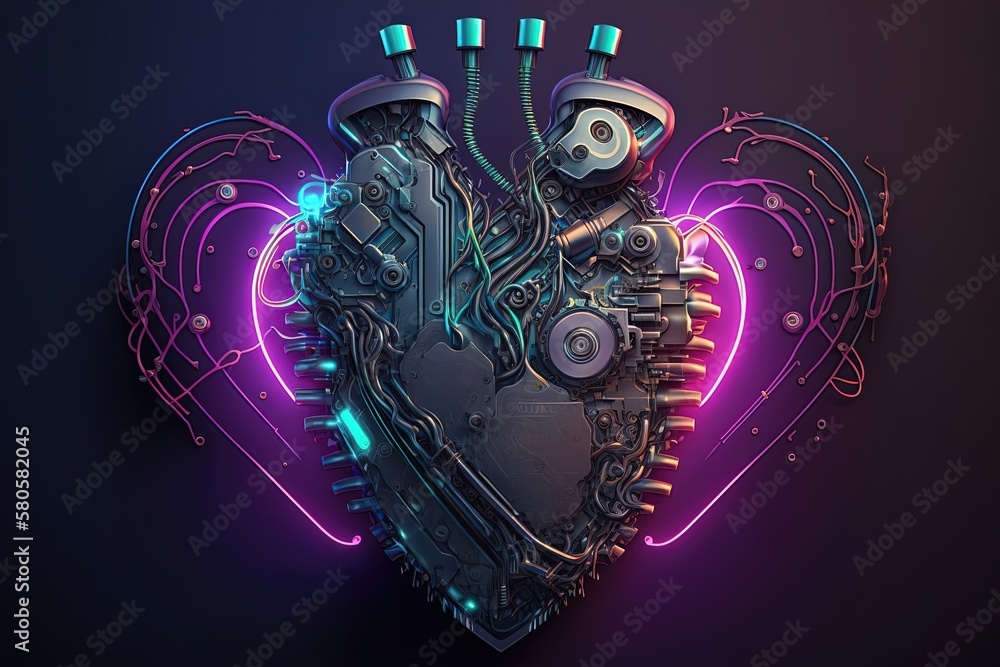 A heart in the style of cyberpunk, with metallic textures and neon ...