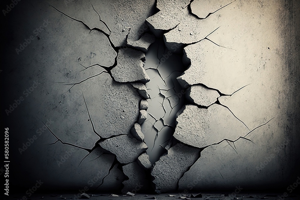 A close-up of a grey wall with a detailed and intricate crack running ...