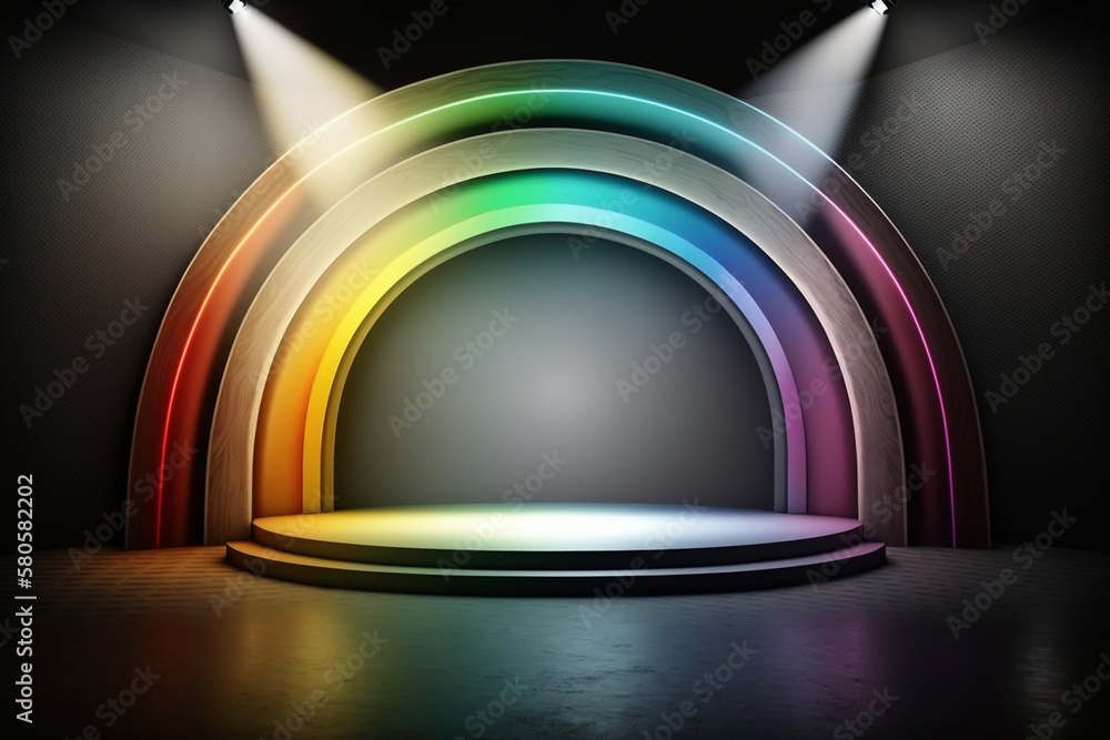 light rainbow colors spotlights shine on stage floor in dark room, idea ...