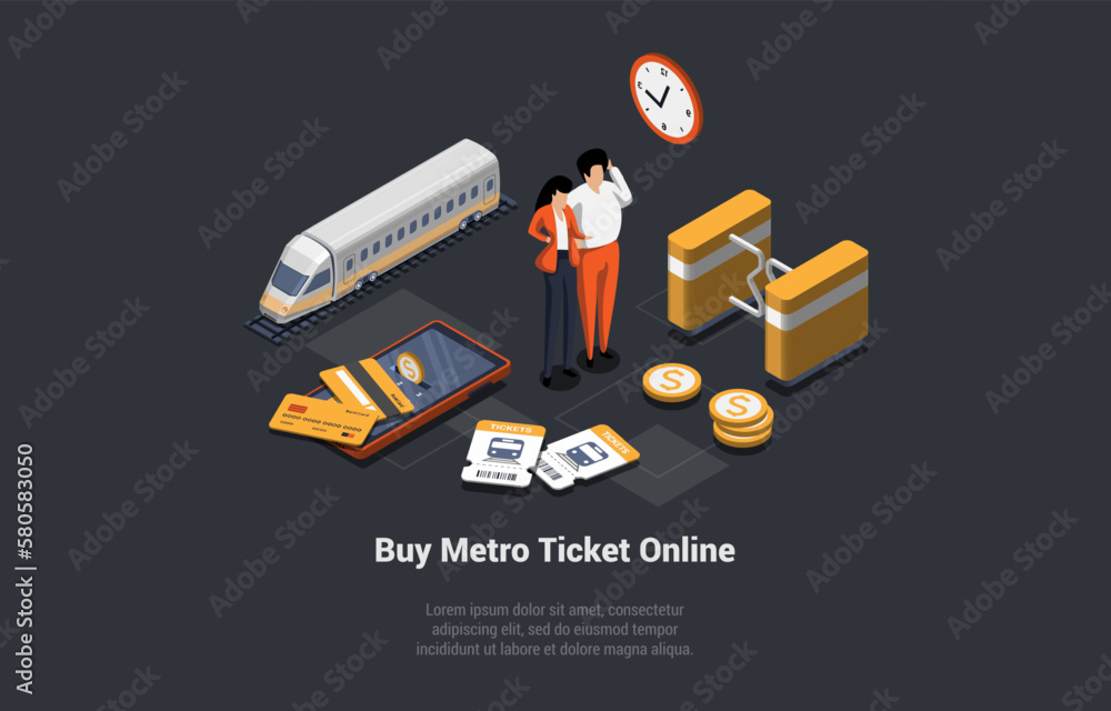 Metro Ticket Online Buying Concept. Passenger Buy Ticket With App Or ...