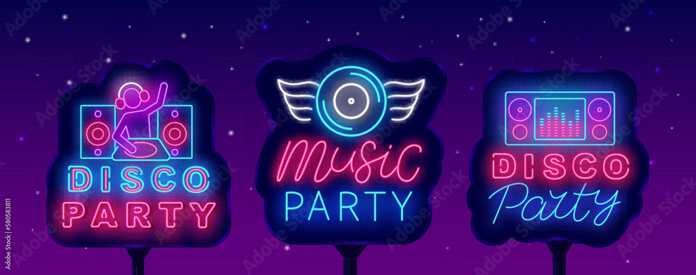 Disco party neon street billboards collection. Disk with wings. Music ...