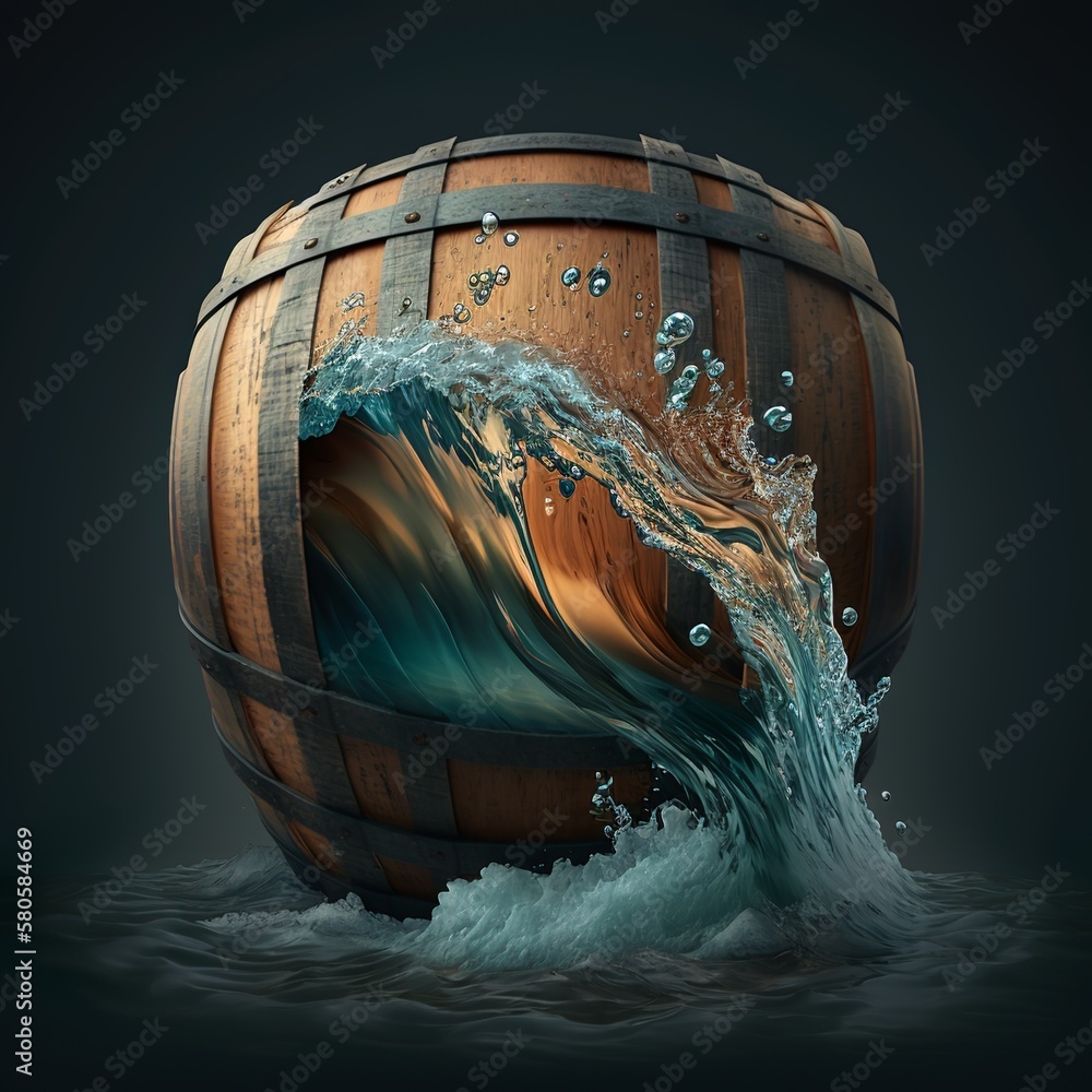 barrel full of water water flows from it pours out of it overturned ...