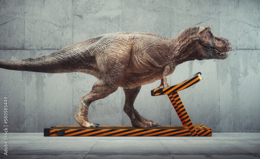 Tyrannosaurus Rex run on a treadmill. Stock Illustration | Adobe Stock