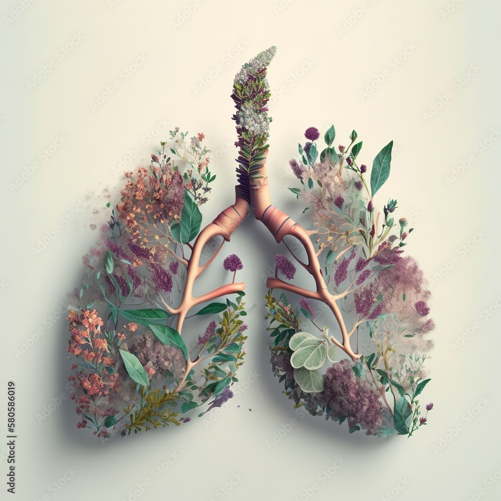 Lungs made from flowers and nature. Air pollution concept birds fresh ...