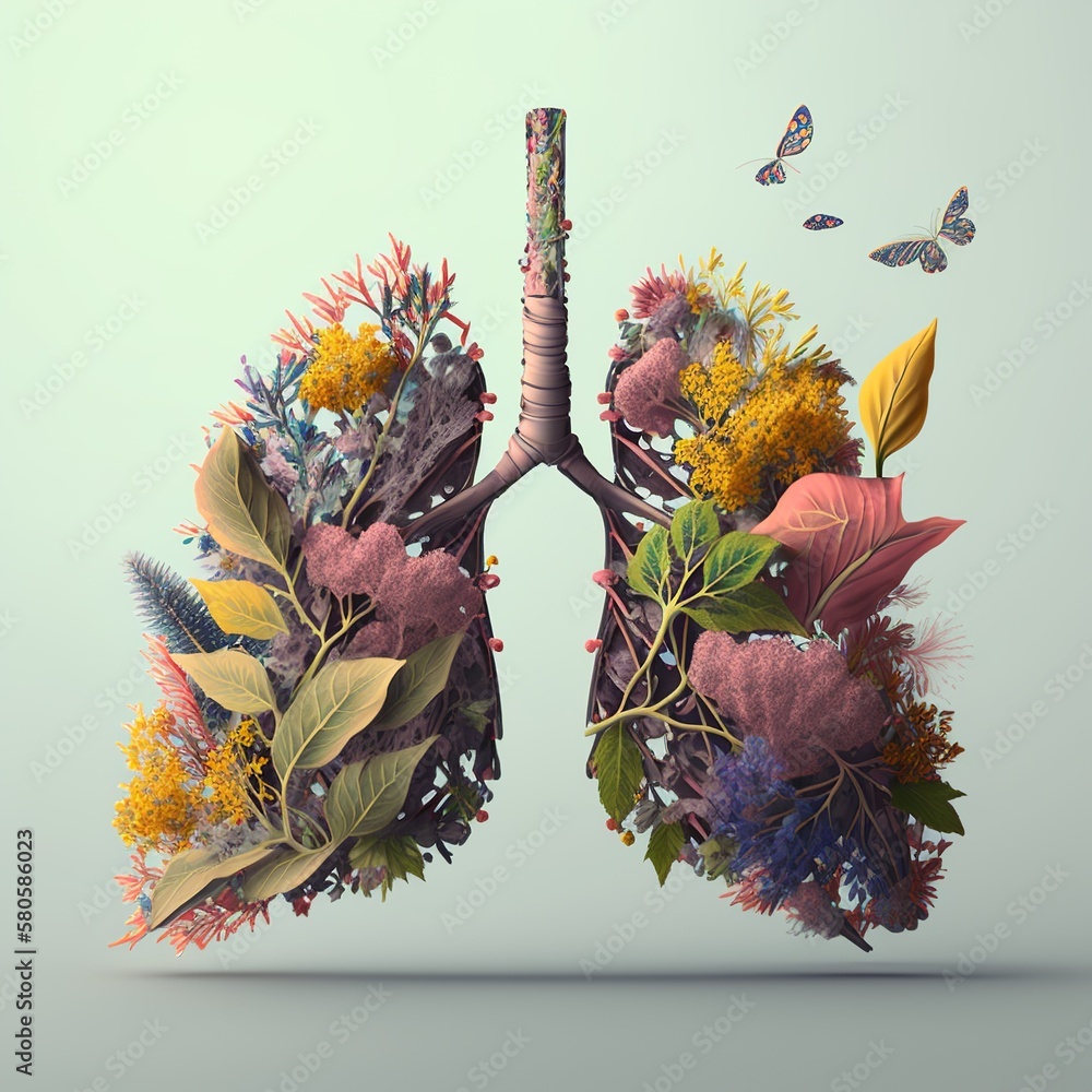 Lungs made from flowers and nature. Air pollution concept birds fresh ...