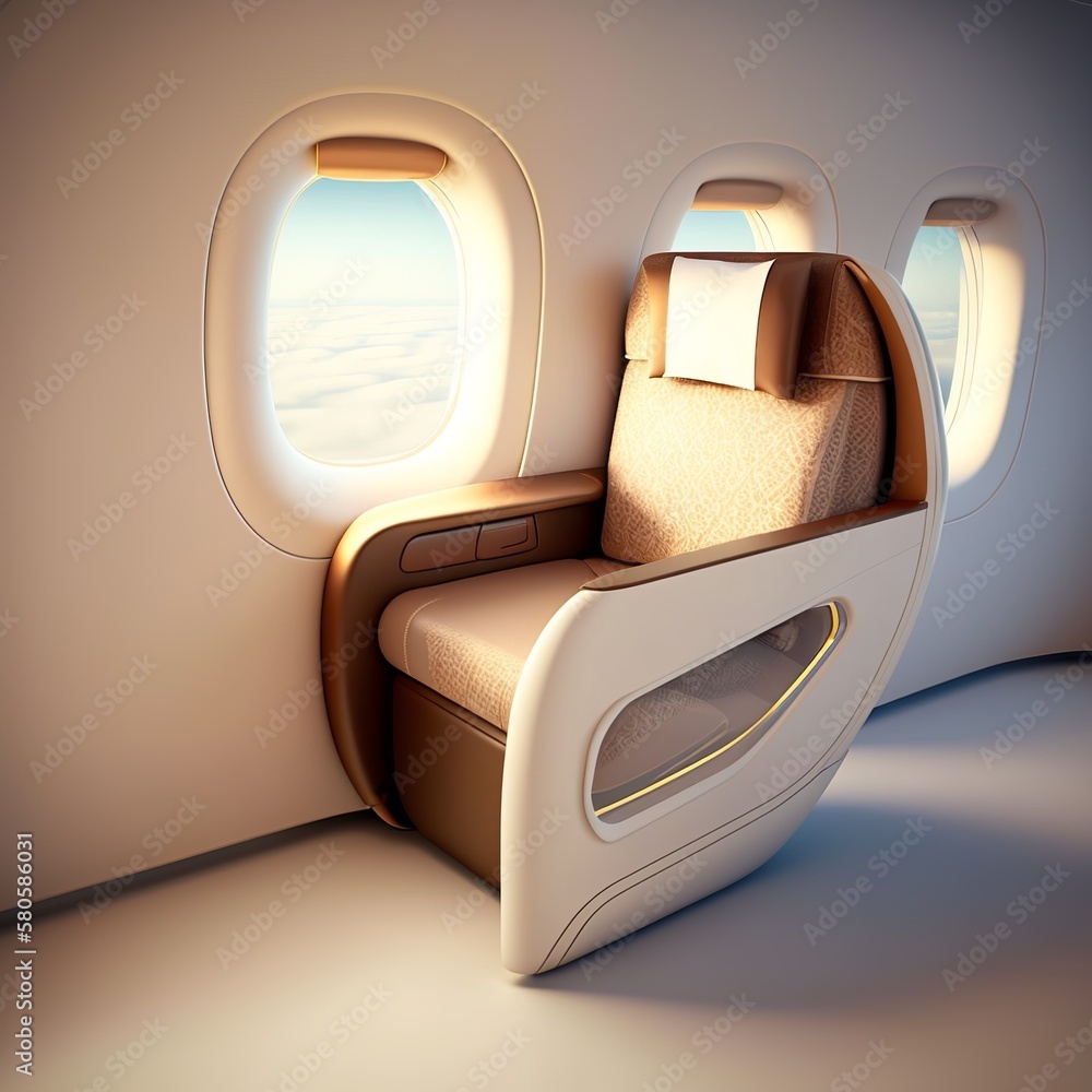 Luxurious first class airplane seat with lots of windows,realistic ...