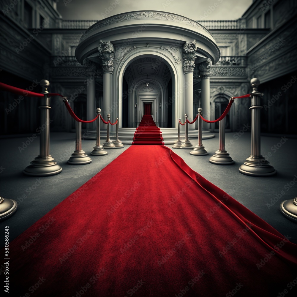 a long endless red carpet protective barriers in front of the building ...