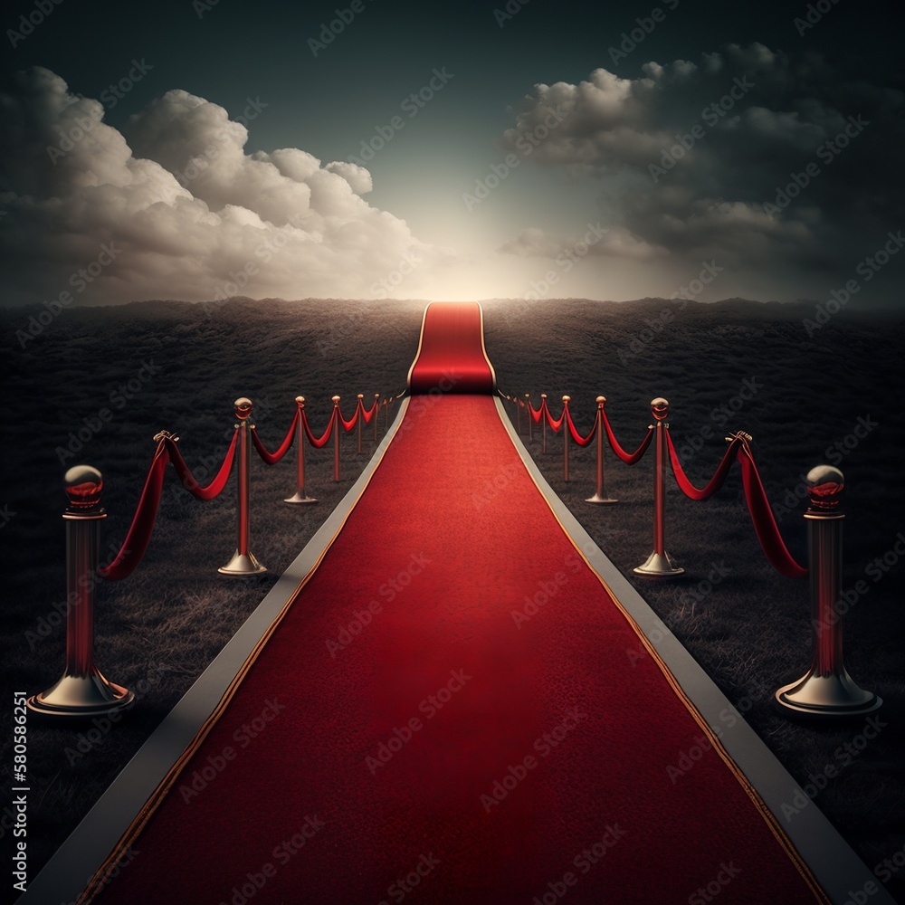 a long endless red carpet protective barriers in front of the building ...