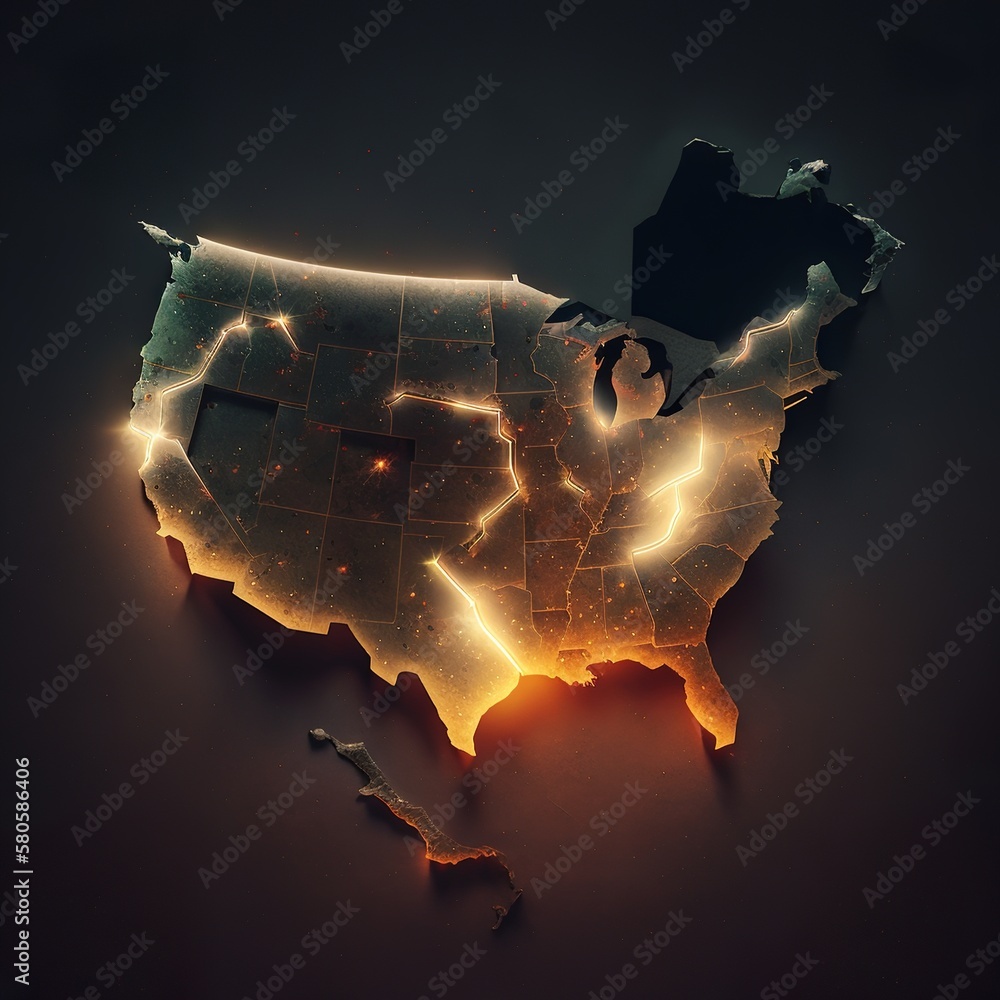 state,map,light glow counties part of the country with black background ...