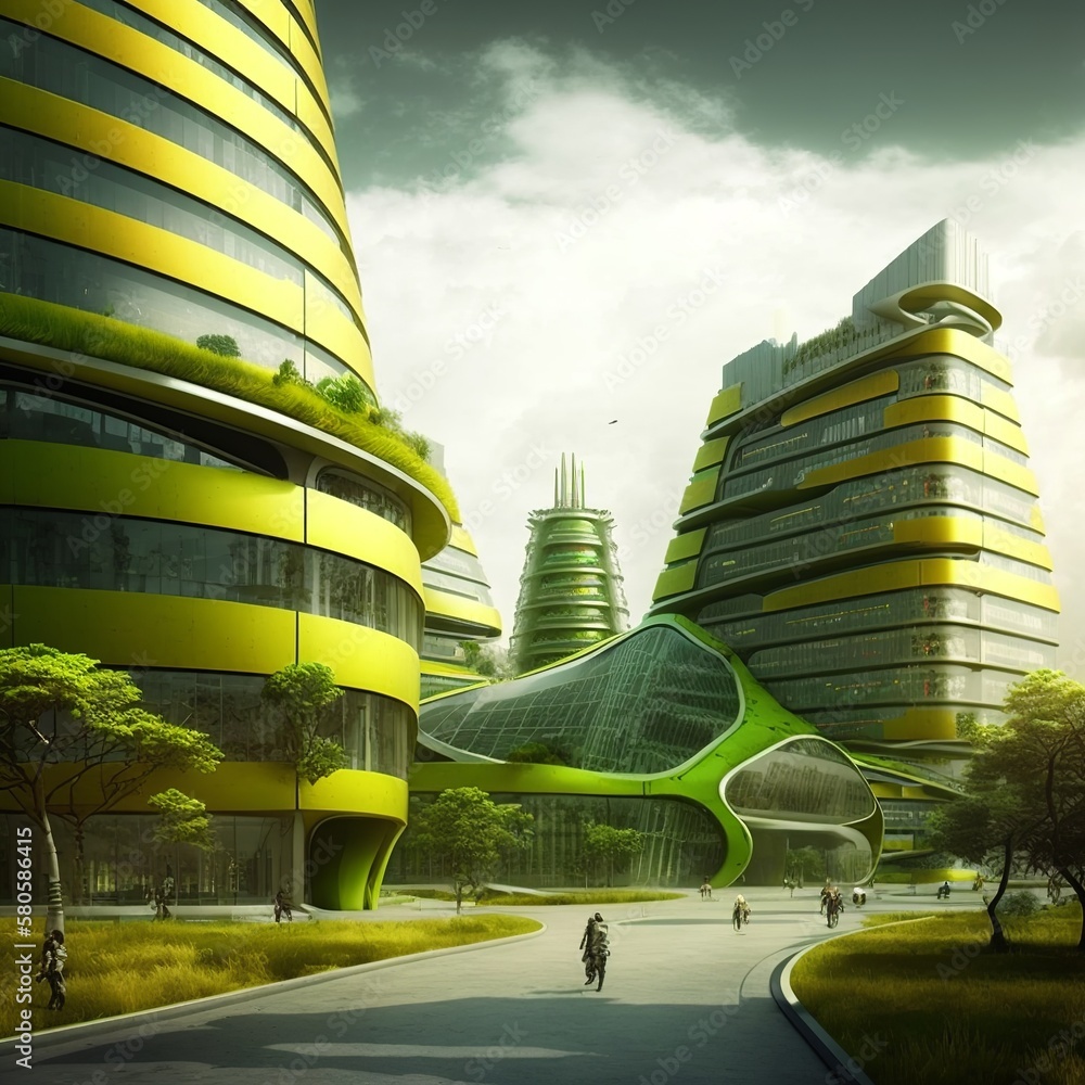 Sustainable green and yellow city with futuristic office building and ...