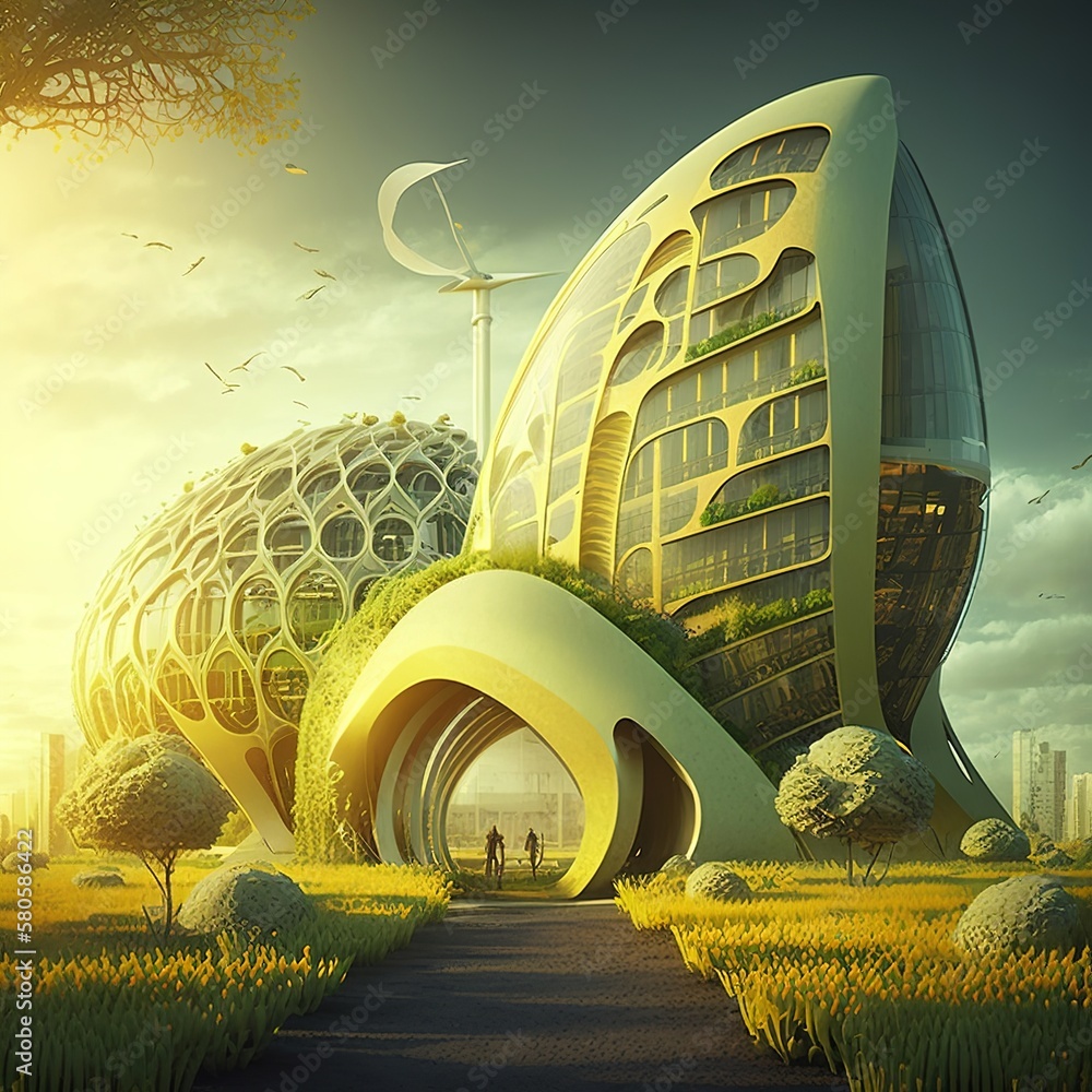 Sustainable green and yellow city with futuristic office building and ...